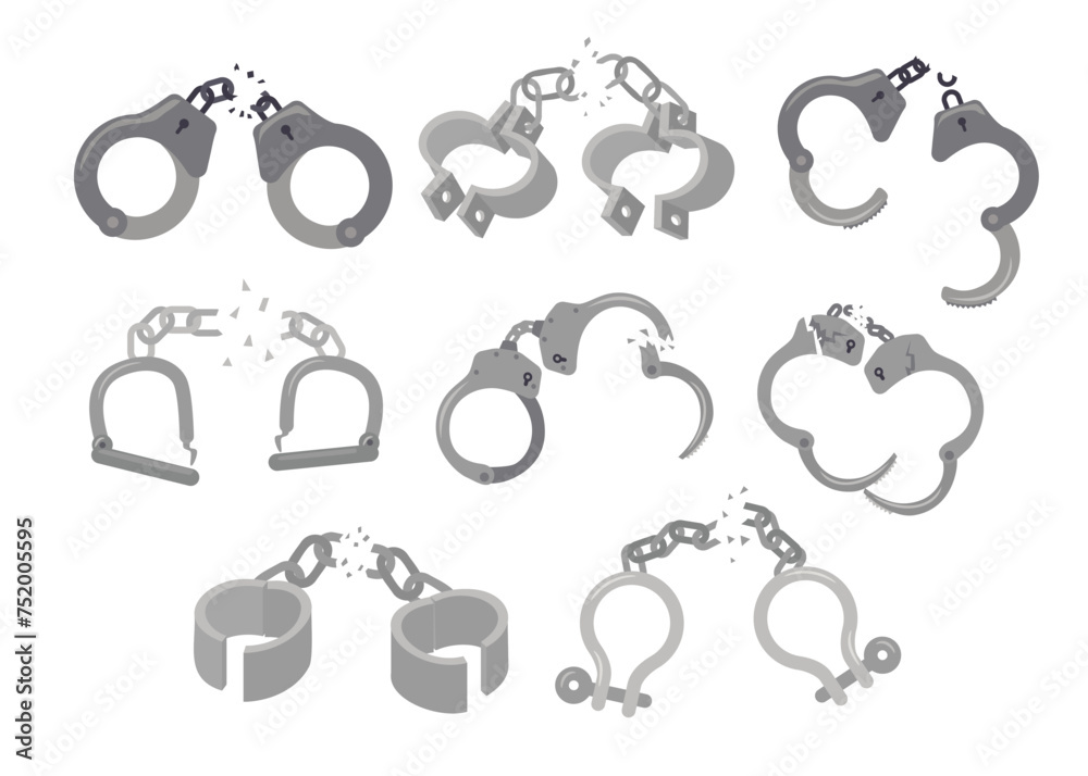 Set of broken handcuffs set collection, breaking chains cartoon ...