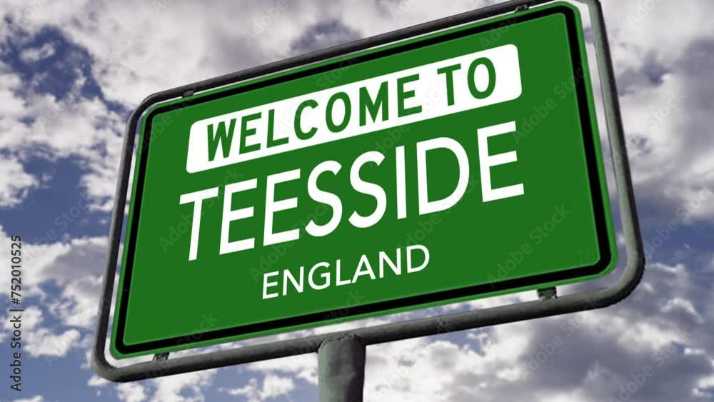 Welcome to Teesside, England, UK City Road Sign, Realistic 3D Animation ...