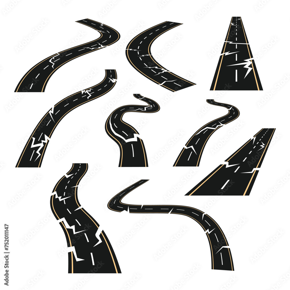 Set of broken road crack set collection, Earth break ground and crack ...