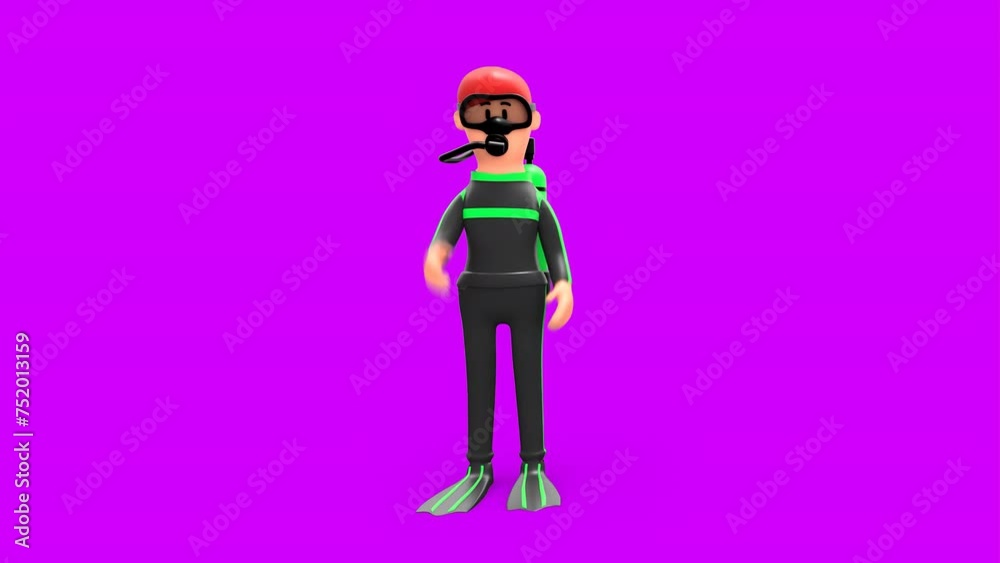 3D Rendered Animated Scene Of Cartoon Female Scuba Diver In Scuba Suit ...