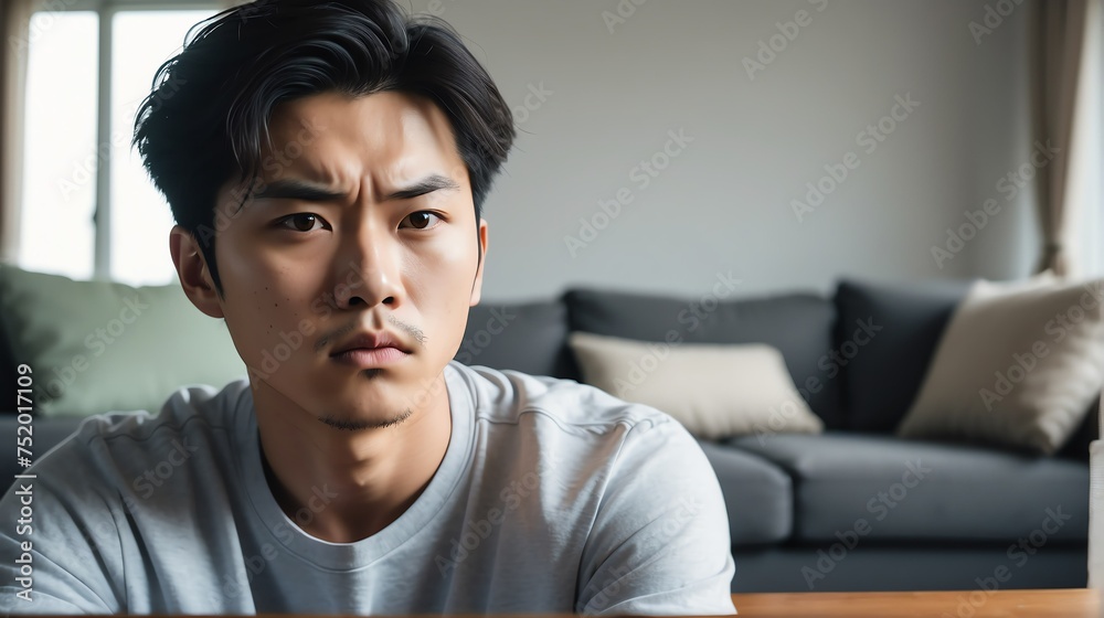 Angry frustrated korean young male man staring at the camera on a ...