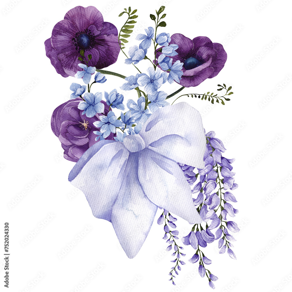Floral bouquet with watercolor hand draw purple flowers, poppy ...