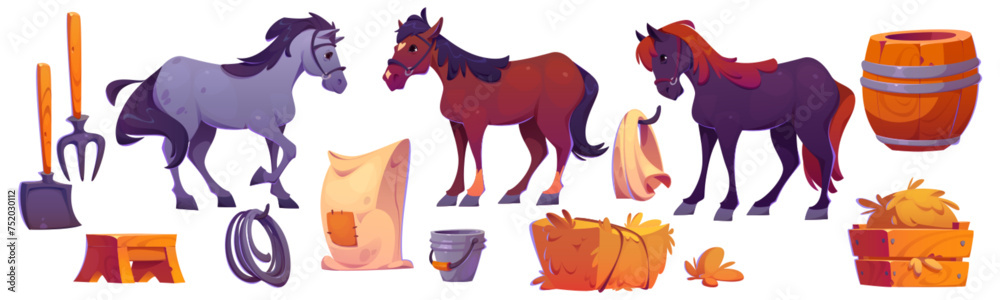 Horse stable design set isolated on white background. Vector cartoon ...
