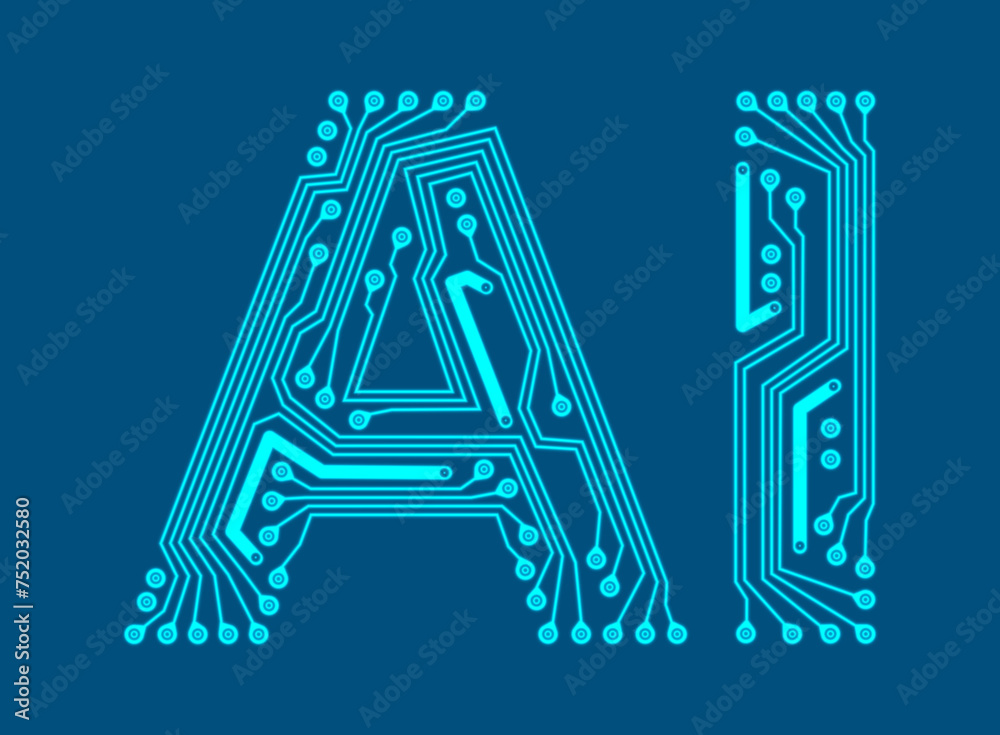 Vetor de AI alphabet in printed circuit style. Artificial intelligence ...