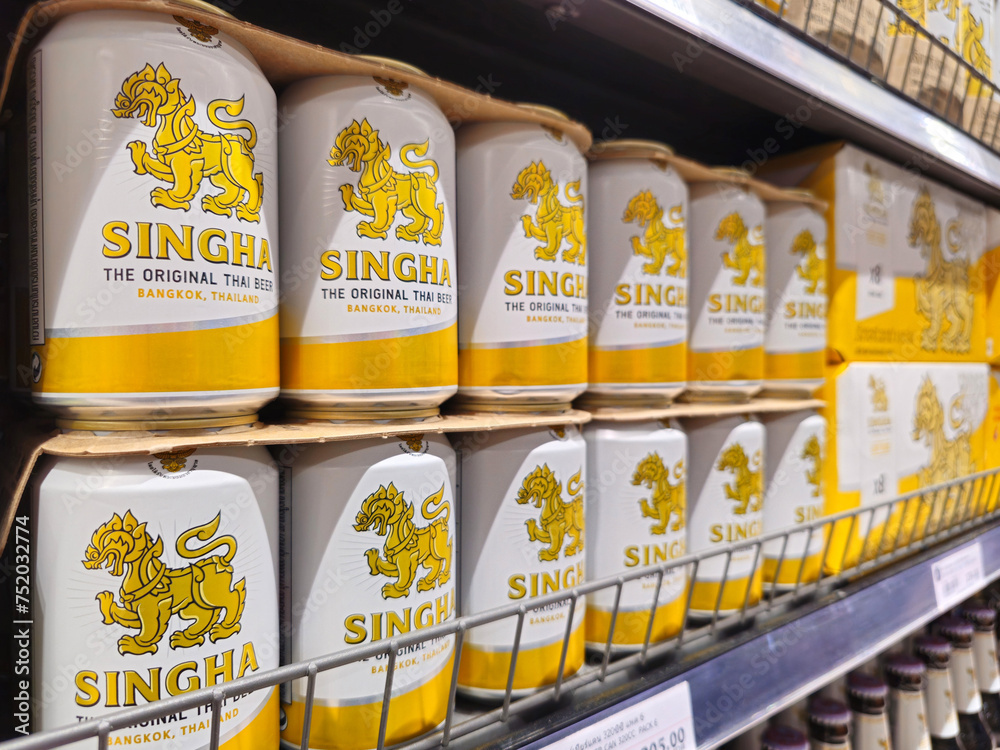 Bangkok, Thailand March 06, 2024 Singha beer cans on shelf in ...