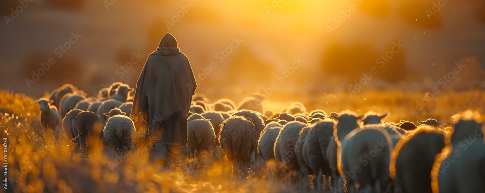 Religious figure praying in sunlight leading flock of sheep in field ...