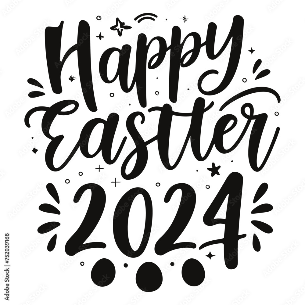 Vector t-shirt design, with the words "Happy Easter 2024" typography, illustration, black ink ...