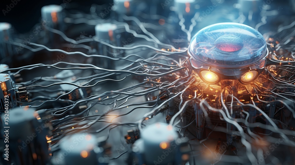 Fluffy 3D rendering of tiny robot pyramids repairing neuron synapses in ...