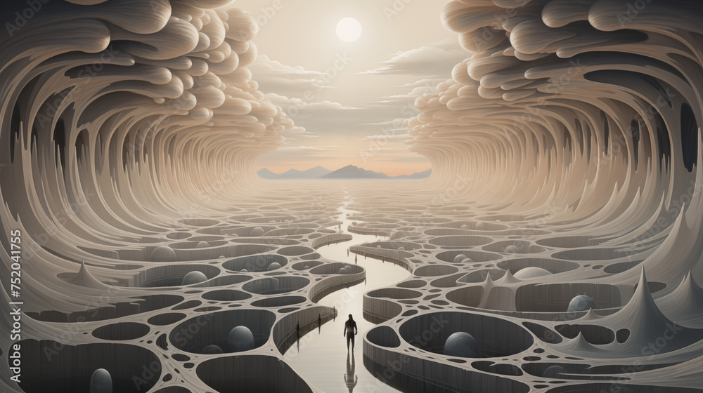 7th dimension The scene is a visual paradox of conflicting perspectives ...