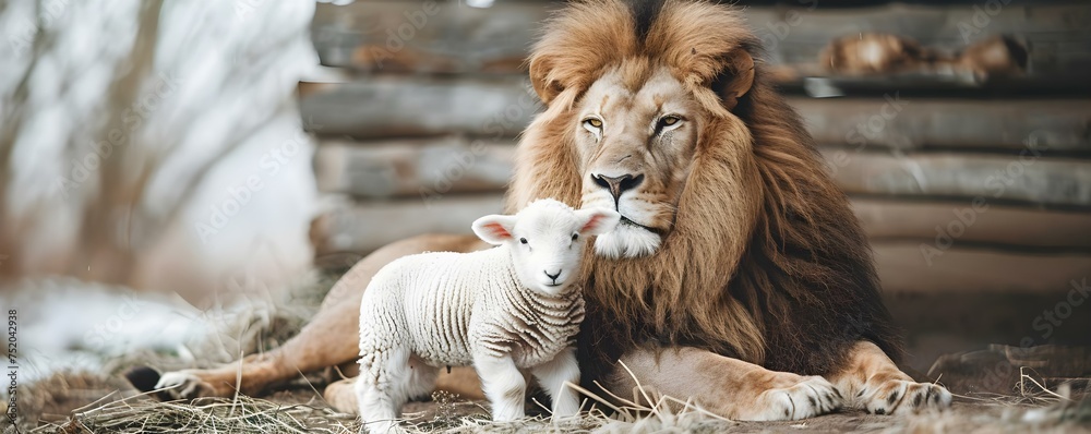 Peaceful lion and lamb side by side in harmony representing unity ...