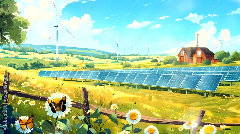 A Renewable energy farms, featuring wind turbines and solar panels ...