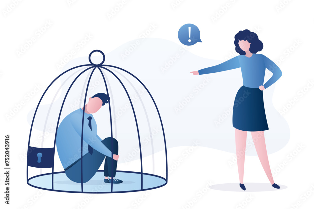 Woman boss put the male worker in cage. Corporate slavery, overwork and ...