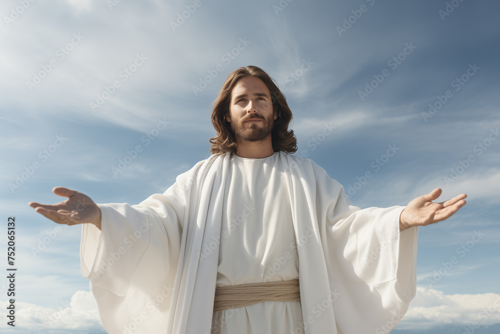 Foto de Jesus Christ in white clothes extends his hand to you against ...
