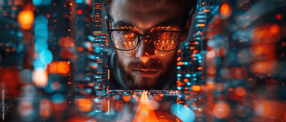 Business and technology, IoT concept, man programmer, software developer working on digital ...