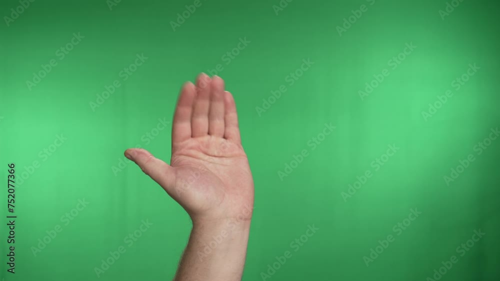 Vidéo Stock man's hand waving bye meaning goodbye on a green background ...