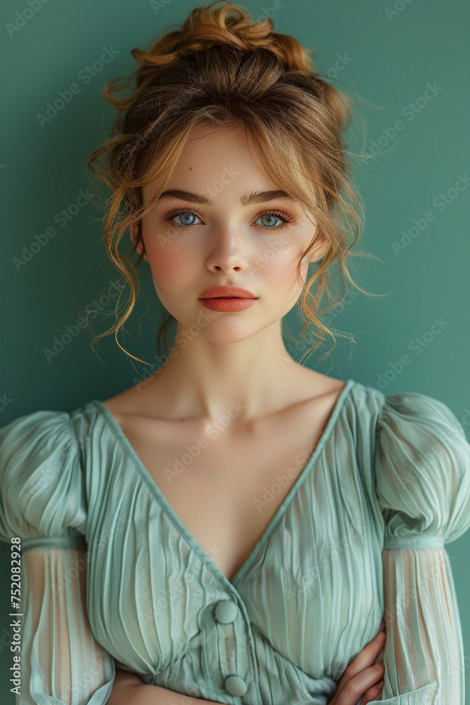 Portrait of smart lady with chevelure wearing old style over green ...