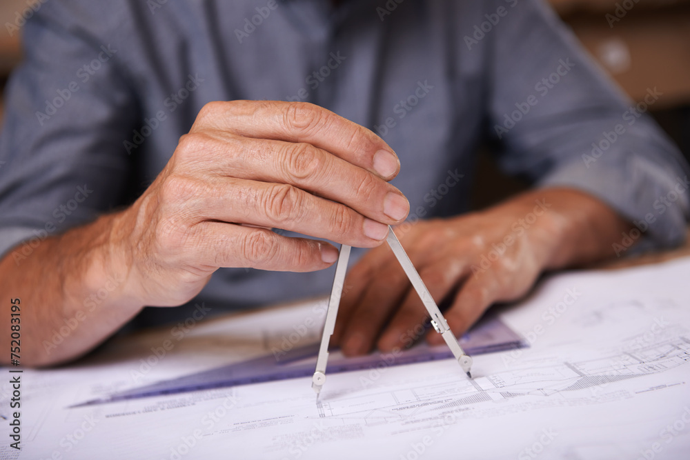 Hands, compass and architect person drawing blueprint, construction and ...