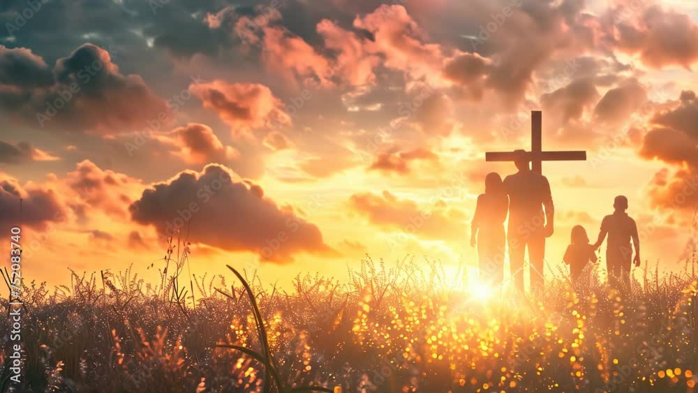 A Illustration of a family standing next to Jesus Christ cross with a ...