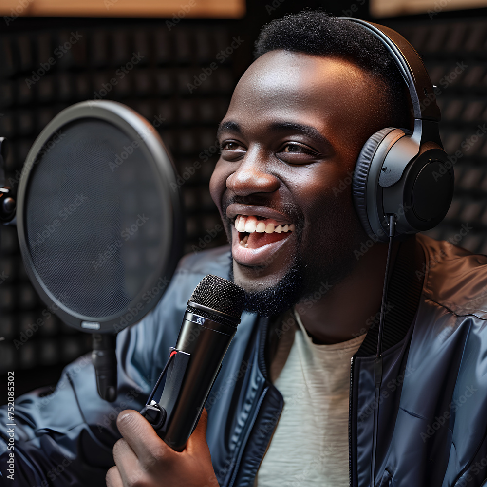 Happy radio presenter speaking into a microphone in a studio Stock ...