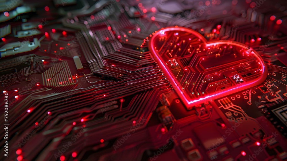 heart-shaped electronic circuit on a motherboard, with red lights and ...