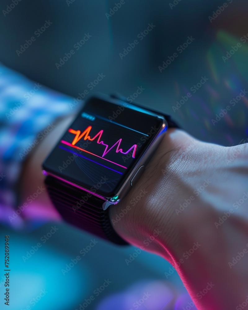 Heart rhythm stabilizing wearable on a wrist syncing with a health app ...