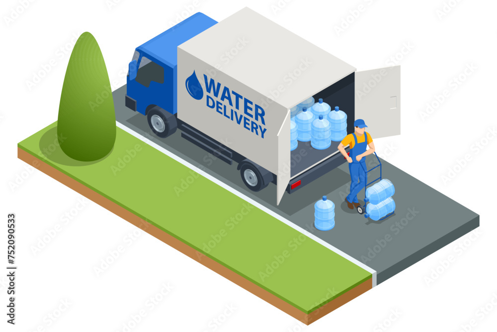 Isometric Water delivery service. Truck carrying plastic containers of ...