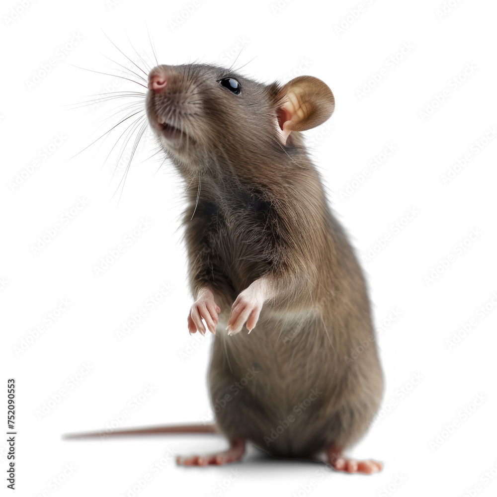 rat stands on its hind legs and looking up. on transparency background ...