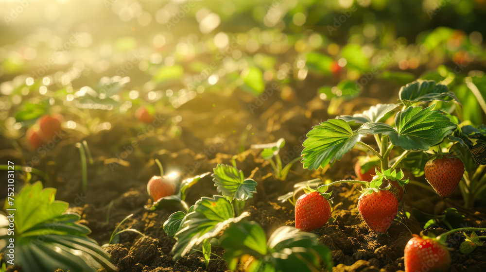 strawberry bushes in the garden. New crop of sweet fresh open red ...