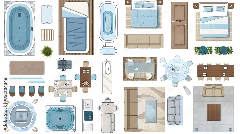 Architectural elements and furniture for the floor plan. Top view. Beds ...