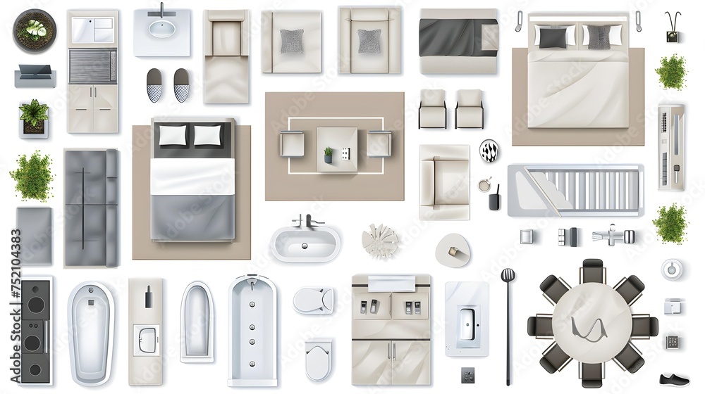 Architectural elements and furniture for the floor plan. Top view. Beds ...