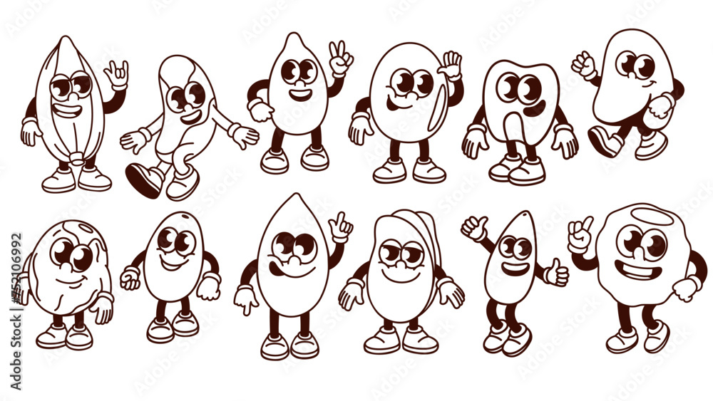 Groovy cartoon nut, bean and seed characters set. Funny retro protein ...