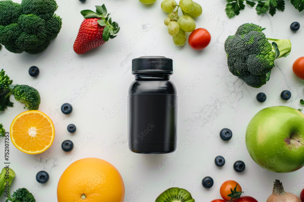 dietary supplements in plastic bottle on white background with fresh ...