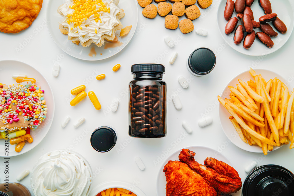 junk food and medicine in plastic bottle mock up. medicine after high ...