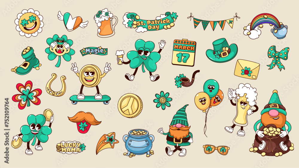 Groovy stickers for St Patrick Day set vector illustration. Cartoon ...