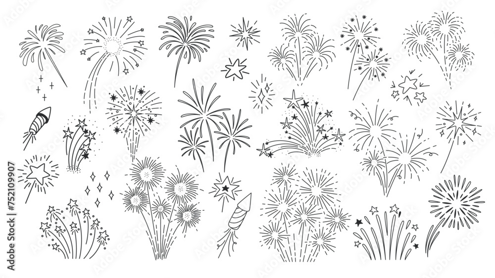 Fireworks burst with fire and sparks line icons set. Thin black outline ...