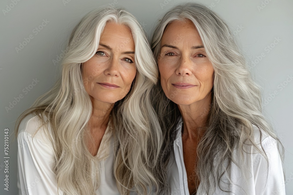 portrait of two gorgeous elderly twin sisters, women 65 years old with long gray hair on a ...