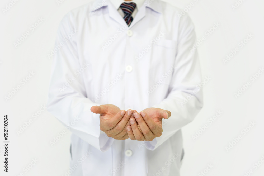 Doctor or scientist in a white lab coat standing with his hand open and ...