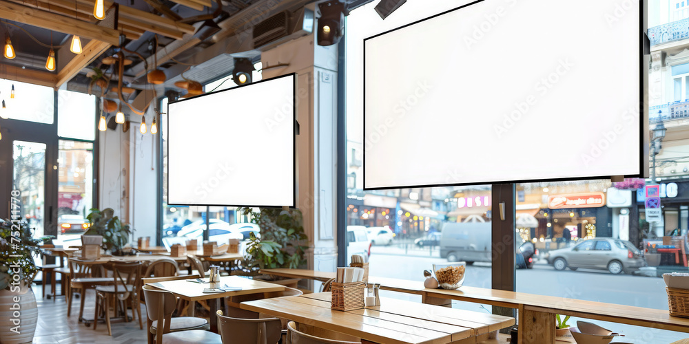 a restaurant with white blank screen banners,Mock up screen display ...