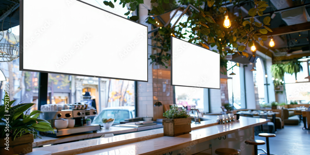 a restaurant with white blank screen banners,Mock up screen display ...