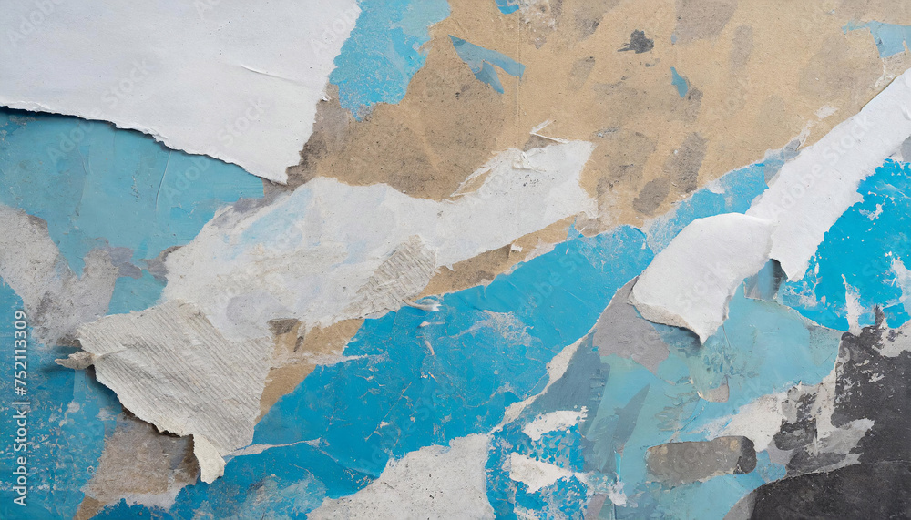 Textured wall with peeling paint and torn paper layers, revealing a mix ...