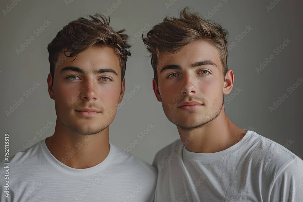 Portrait of two young twin men on a studio background. The brothers ...