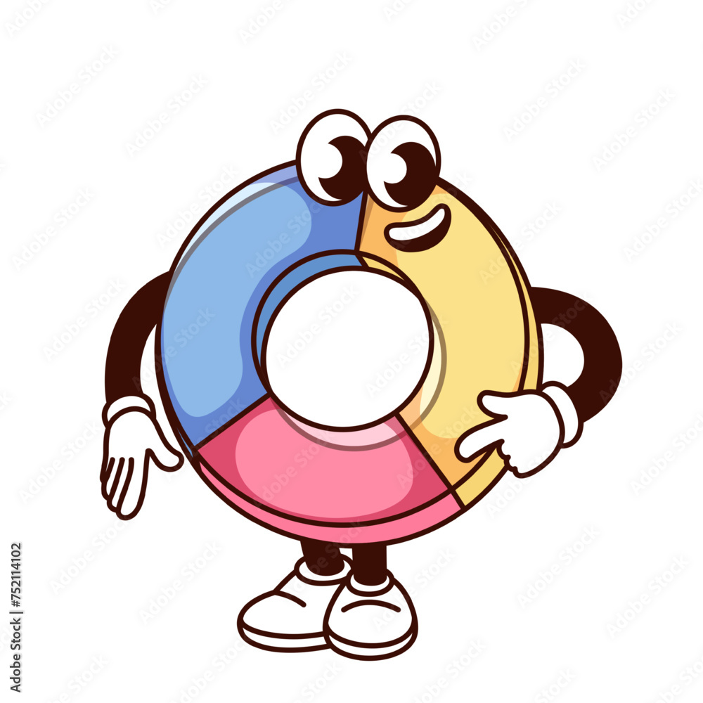 Groovy pie chart cartoon character with three segments. Funny retro ...