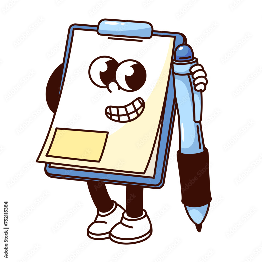 Groovy notepad cartoon character holding pen. Funny retro open paper ...