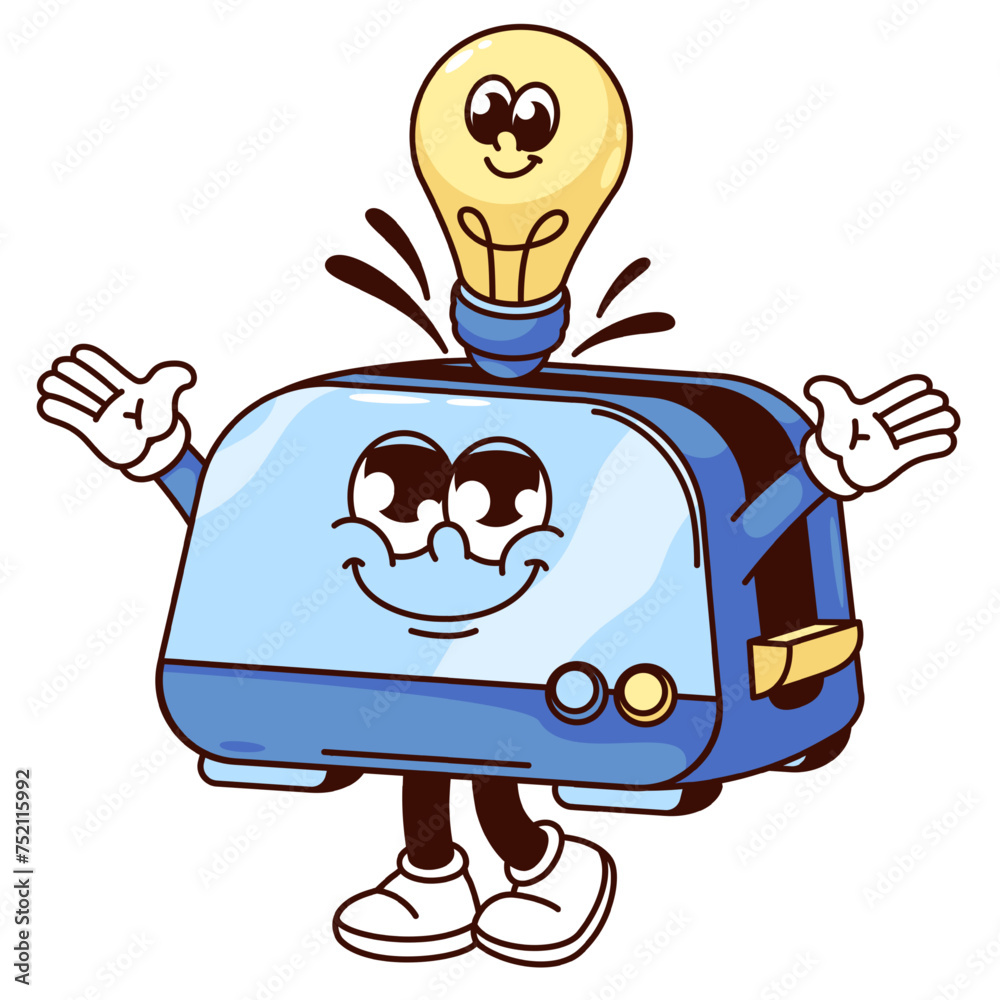 Vetor de Groovy happy toaster cartoon character with light bulb flying ...