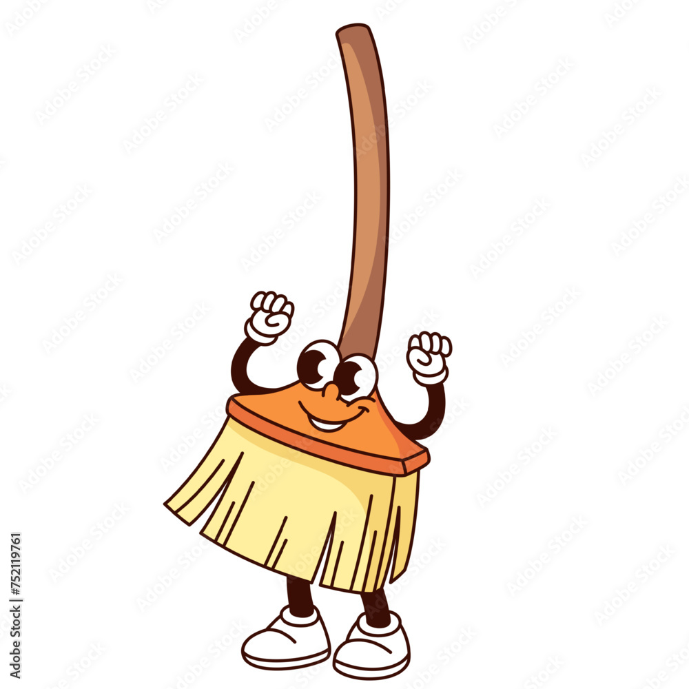 Groovy garden broom cartoon character with fists up. Funny retro besom ...