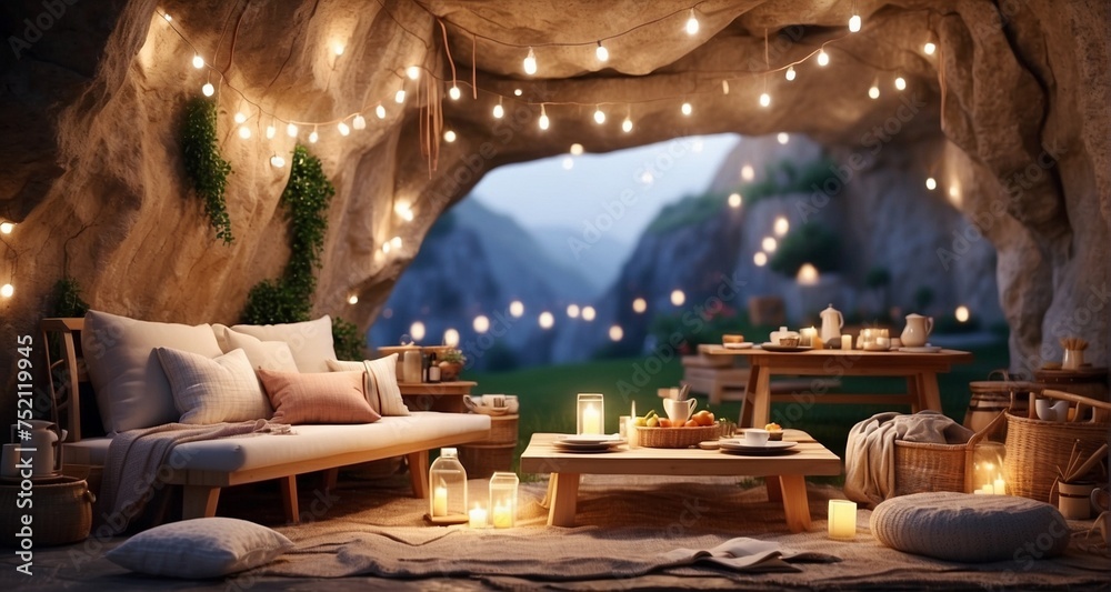 Craft an ultra-realistic image of a picnic set up in an empty, cozy ...