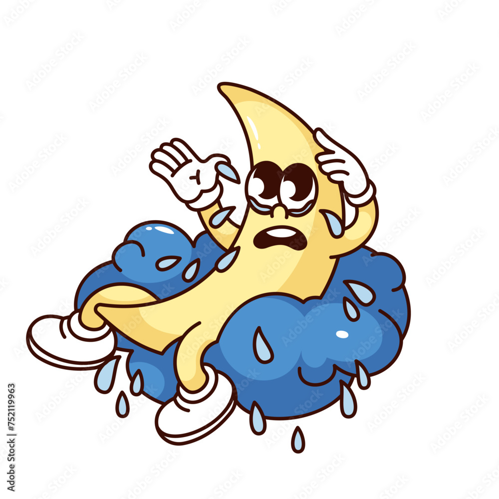Groovy crescent moon cartoon character crying on cloud. Funny retro sad ...