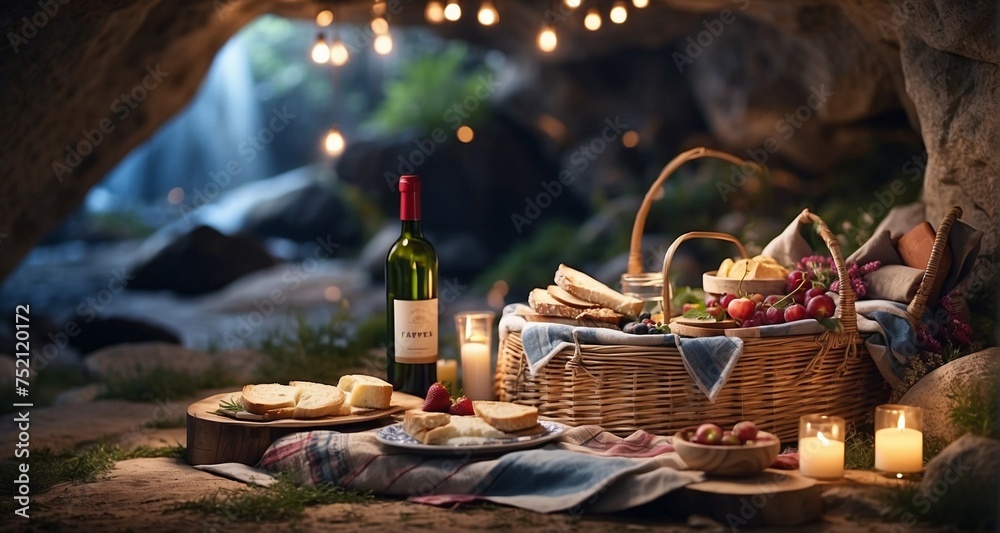 Create a close-up photograph of a picnic spread on a cave floor ...
