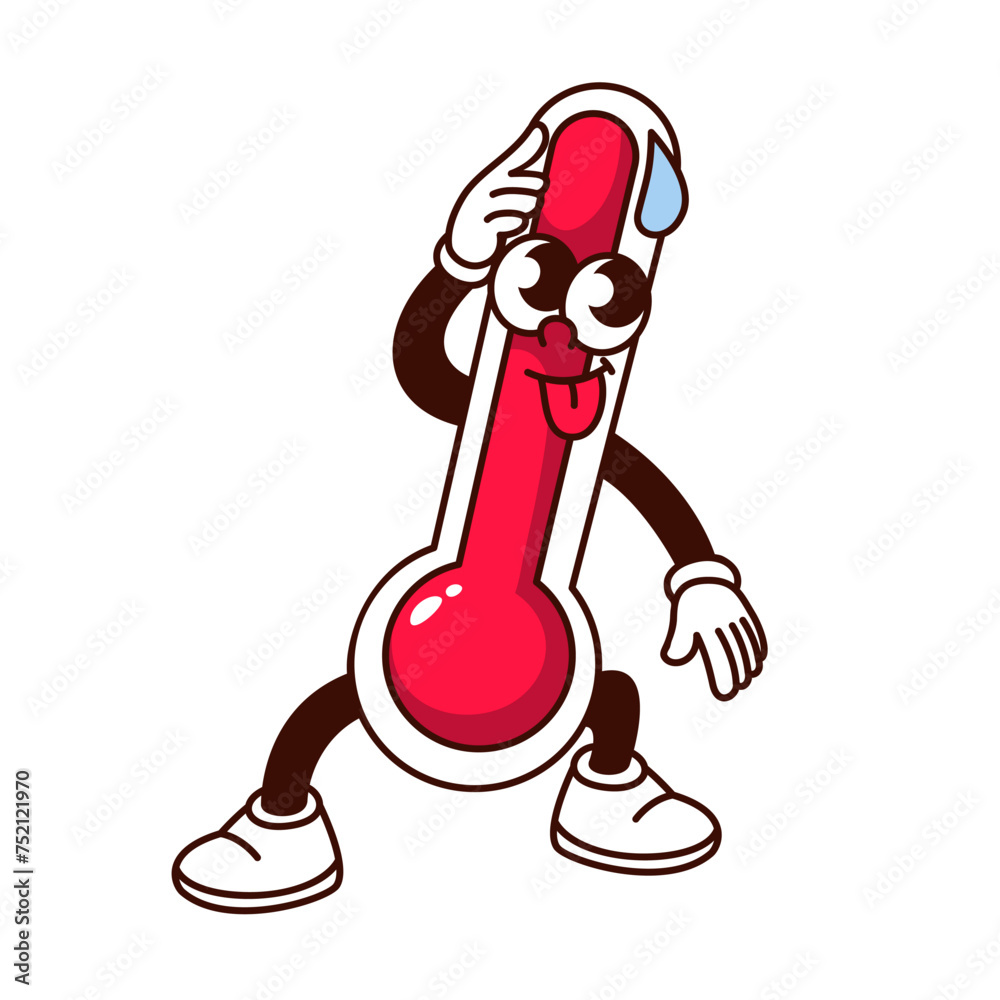 Groovy thermometer cartoon character with drop of sweat from heat ...