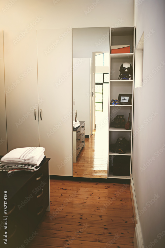 Bedroom, wardrobe and empty room with furniture or clothes for closet ...